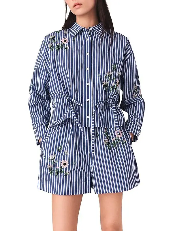 Maje Beaded Floral Striped Shirt - White/blue