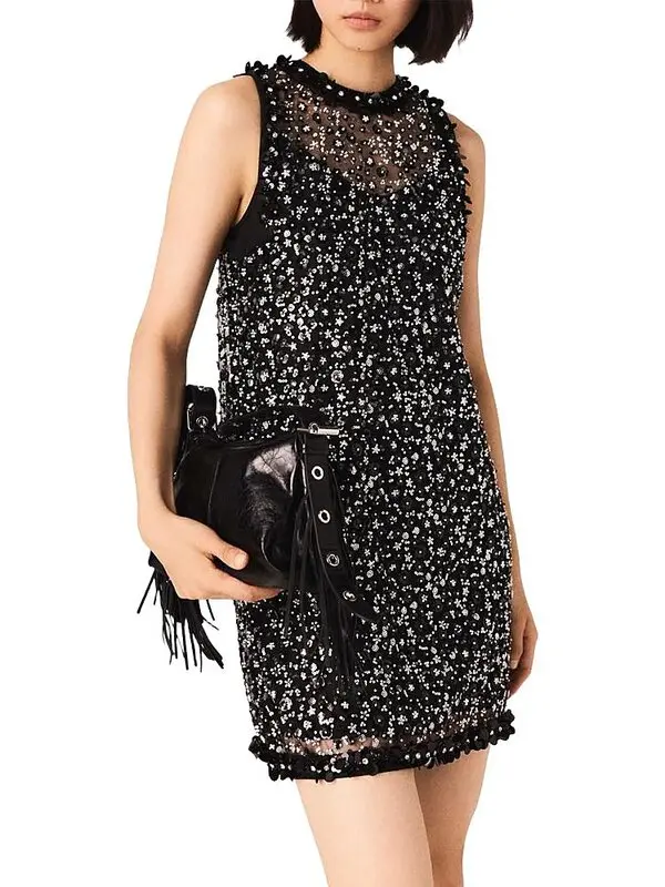 Maje Floral Sequin Embroidered Mini Dress - Black