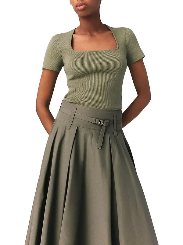 Maje Miyo Ribbed Square Neck Sweater - Khaki