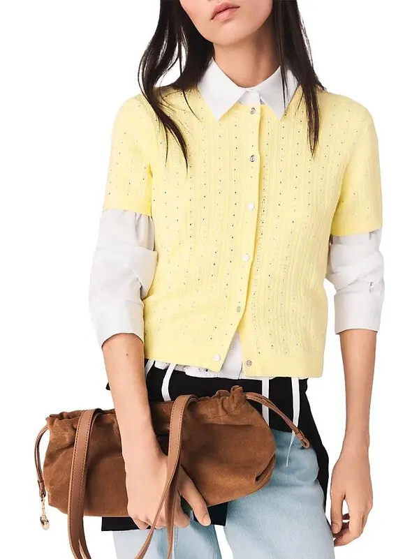Maje Mapilo Rhinestone Short Sleeve Cardigan - Yellow