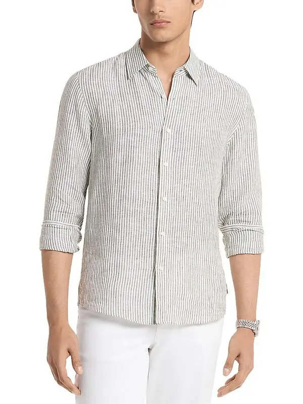Michael Kors Long Sleeve Stripe Linen Shirt - Evergreen