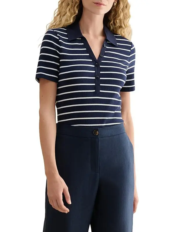 HOBBS LONDON Merle Ribbed Polo Top - Navy Ivory