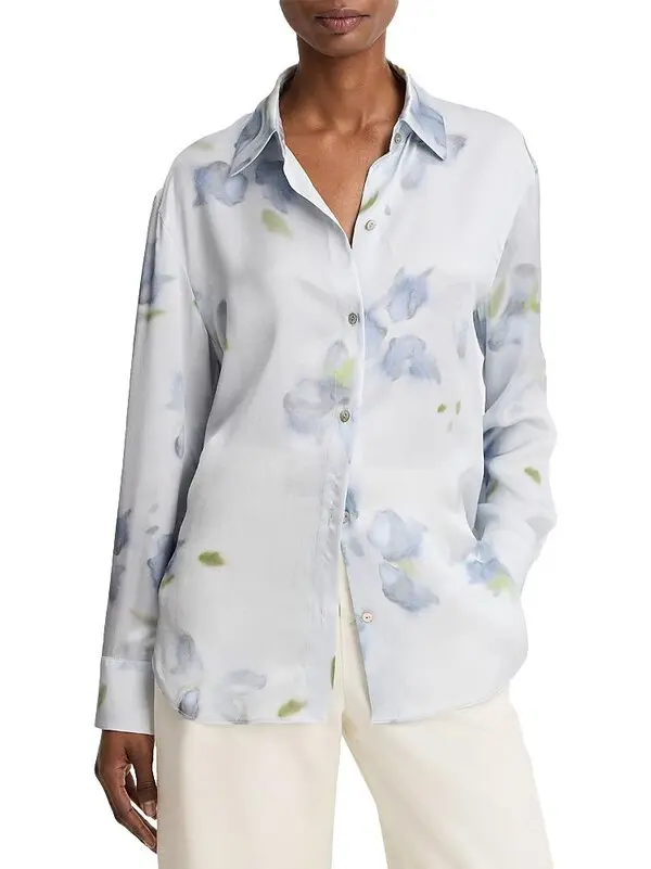 Vince Silk Floral Print Shirt - Soft Grey