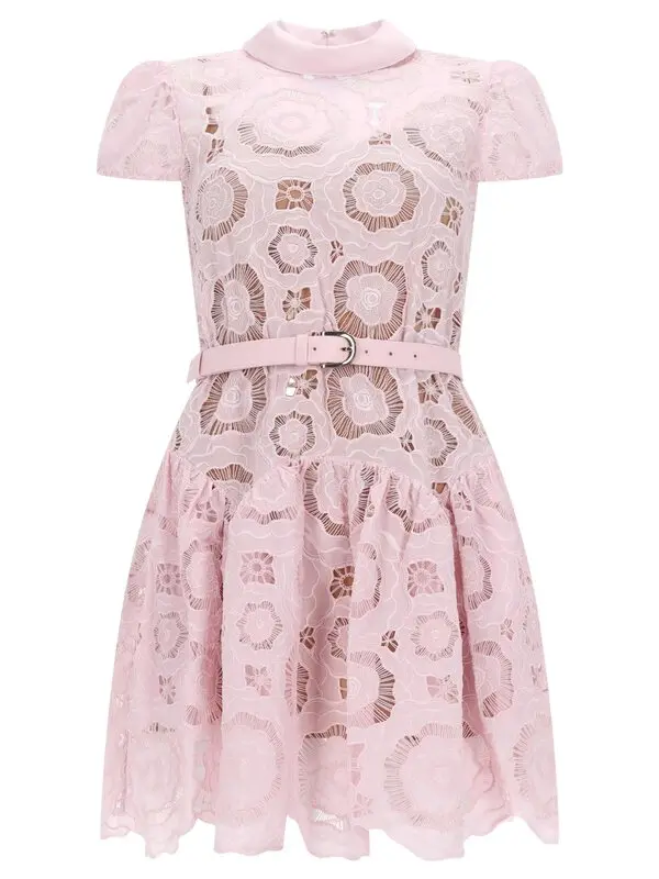SELF-PORTRAIT Flared Floral Lace Dress - Pink