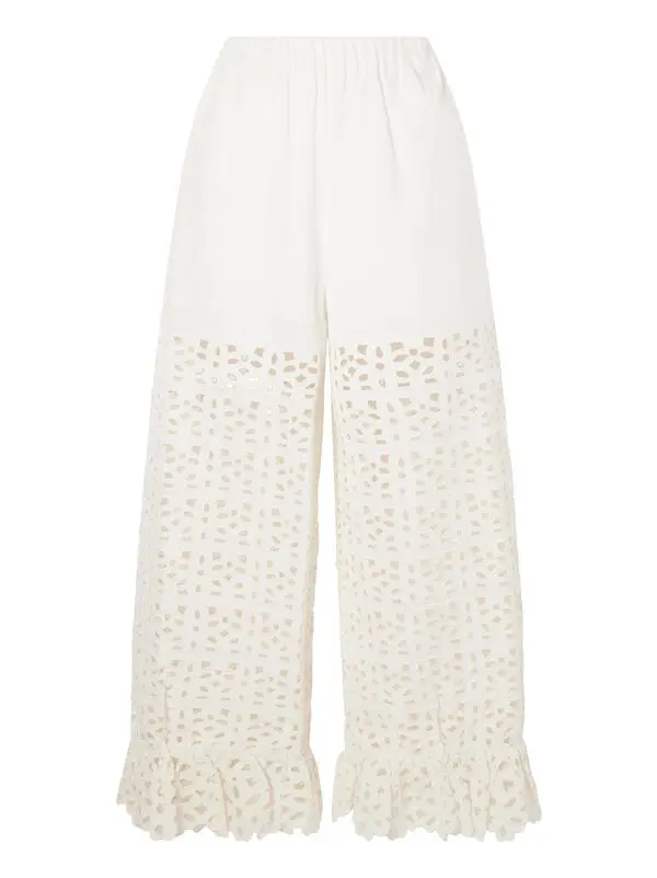 Sea Leila Broderie Anglaise Cotton And Linen-blend Pants - White