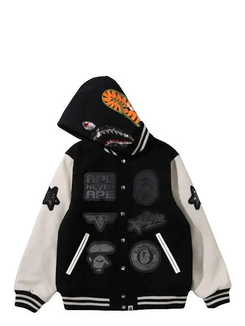 A BATHING APE X Swarovski Shark Hooded Varsity Jacket - Black/white