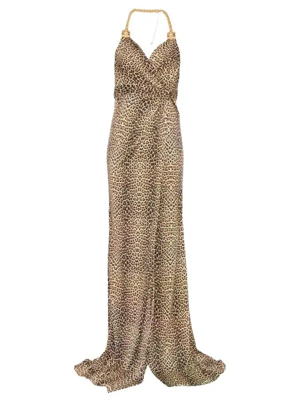 Roberto Cavalli Leopard-print Maxi Dress With Chain Straps - Neutrals