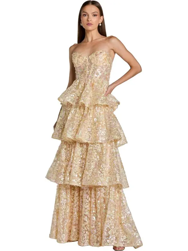 Mac Duggal Embellished Strapless Sweetheart Ruffle Gown - Nude Multi