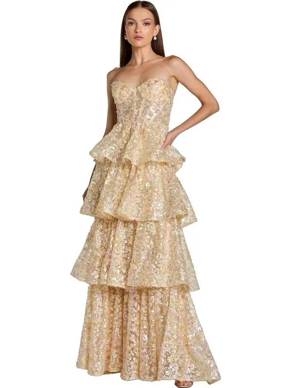 Mac Duggal Embellished Strapless Sweetheart Ruffle Gown - Nude Multi
