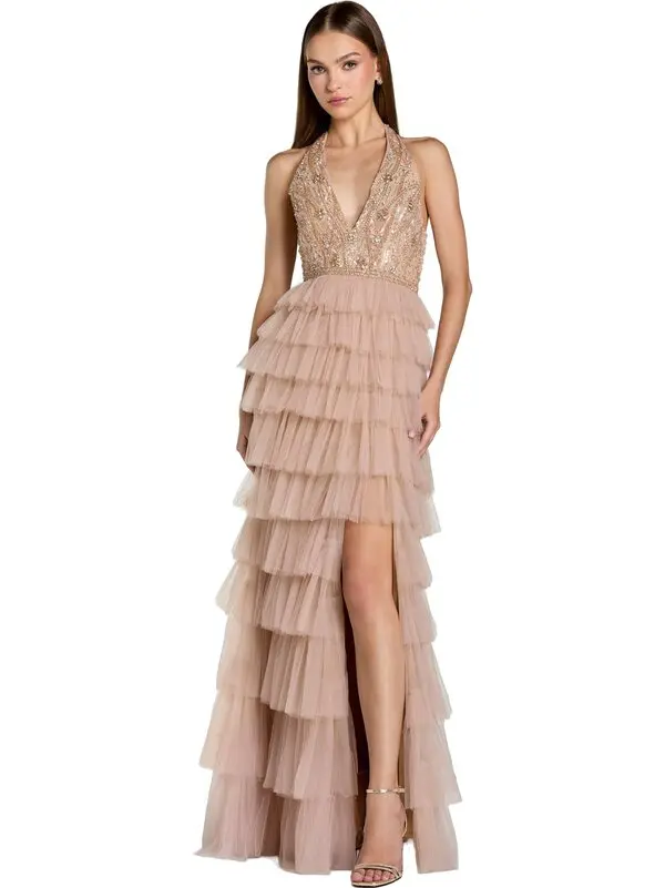 Mac Duggal Embellished Halter Neck Tiered Ruffle Gown - Nude