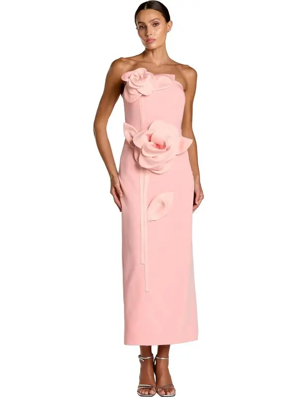Mac Duggal Strapless Crepe Dress With 3d Satin Flower Detail - Pink