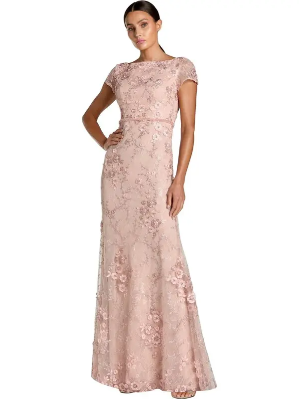 Mac Duggal Floral Applique Boat Neck Gown - Pink