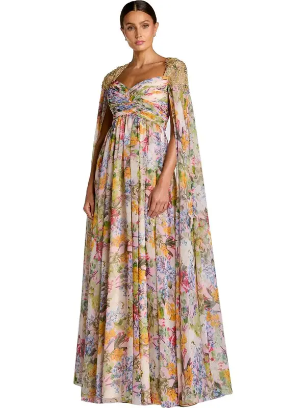 Mac Duggal Floral Gown With Beaded Cape Sleeves - Pastel Multi