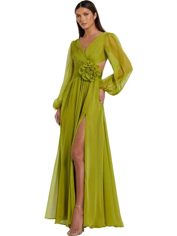 Mac Duggal Long Sleeve V-neck Chiffon Gown With 3d Flower - Green