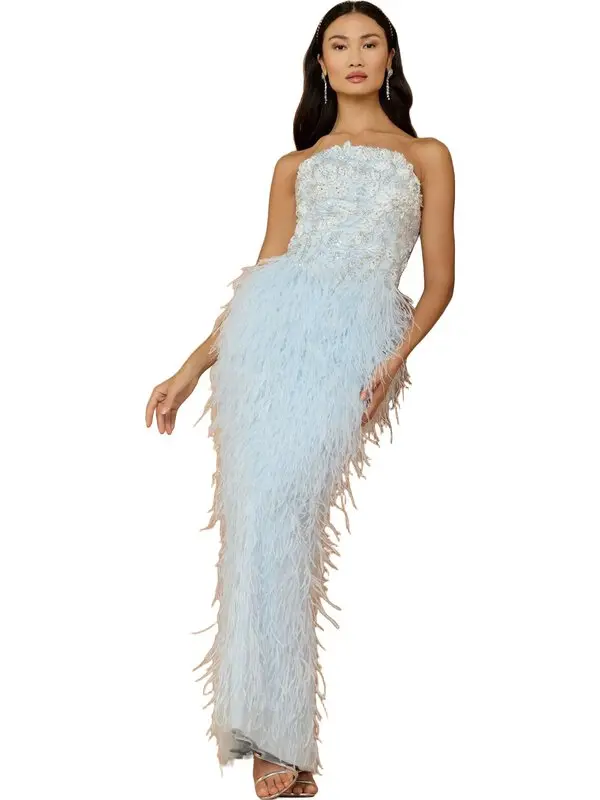 MAC DUGGAL COLLECTION Embellished Strapless Feathered Gown - Powder Blue