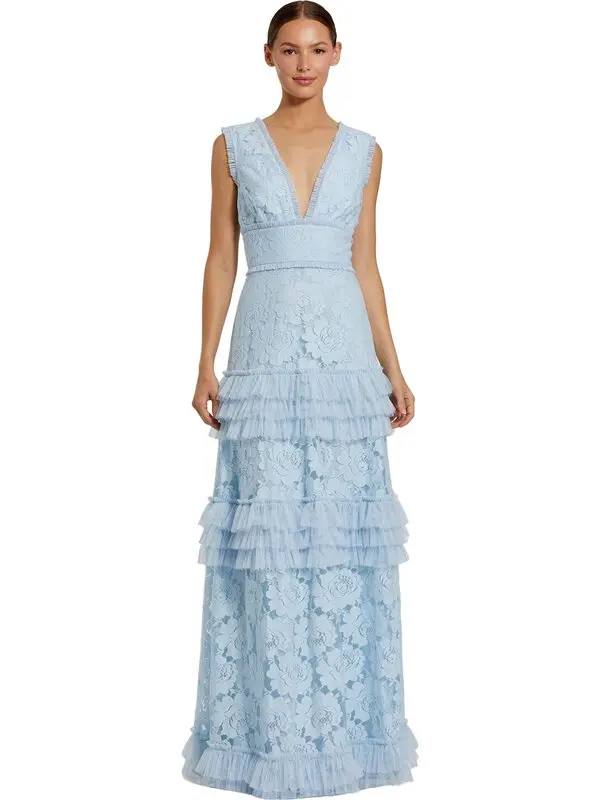 Mac Duggal Lace Tiered Ruffle Gown - Powder Blue