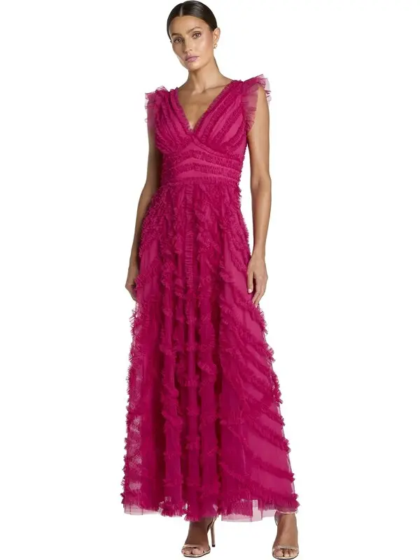 Mac Duggal V-neck Cap Sleeve Ruffle Maxi Dress - Fuchsia