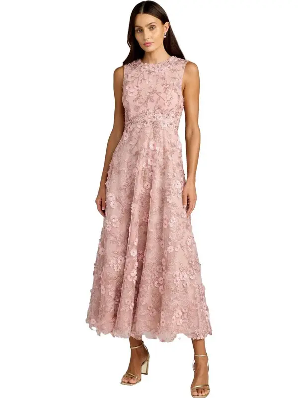Mac Duggal Floral Embroidered High Neck Midi Dress - Rose
