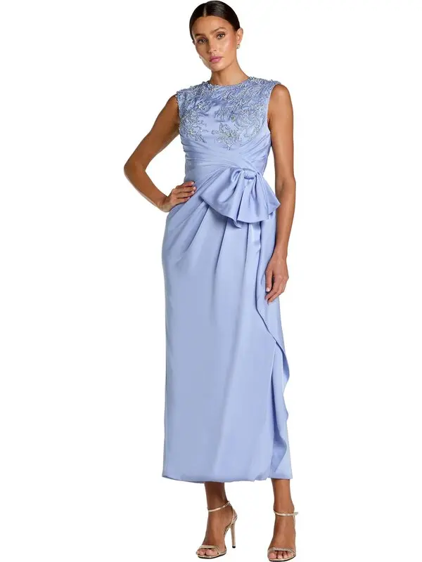 Mac Duggal Satin Beaded Embroidered Midi Dress With Bow - Powder Blue