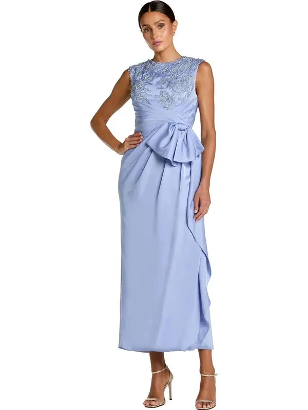 Mac Duggal Satin Beaded Embroidered Midi Dress With Bow - Powder Blue