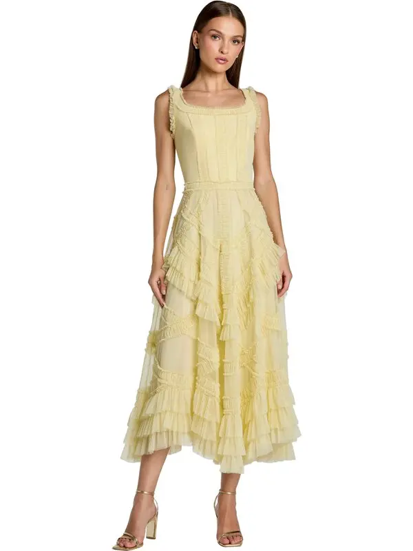 Mac Duggal Sleeveless Ruffle Midi Dress - Yellow