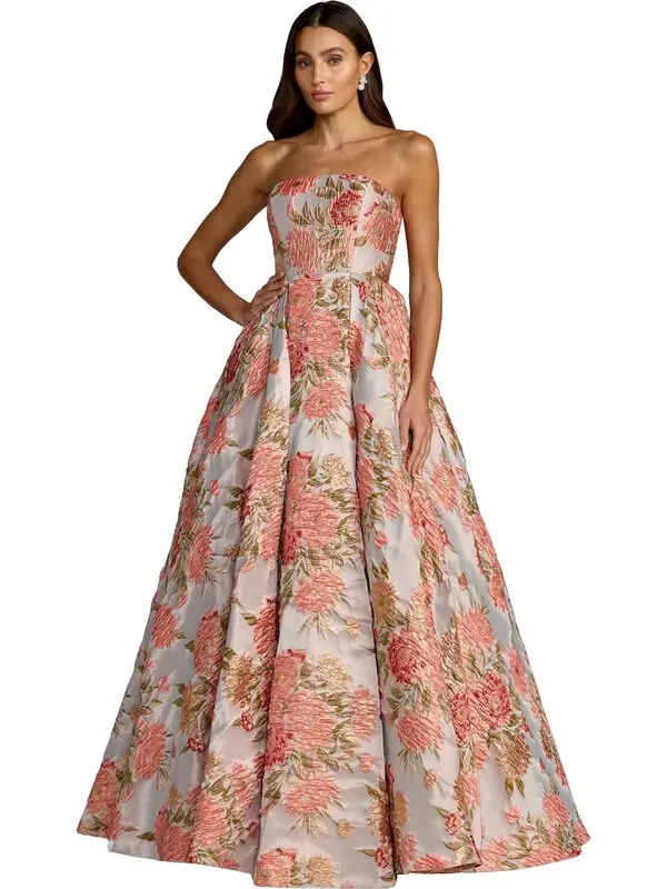 Mac Duggal Strapless Floral Brocade Ball Gown With Pockets - Pastel Multi
