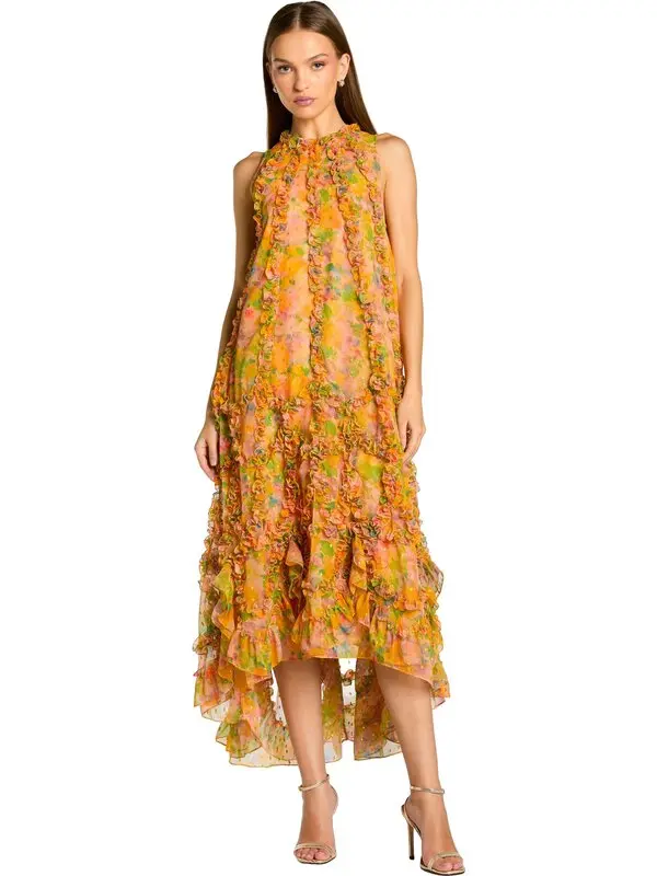 Mac Duggal Floral Chiffon Micro Ruffle Midi Dress - Yellow