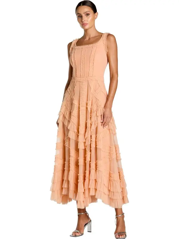 Mac Duggal Sleeveless Ruffle Midi Dress - Orange