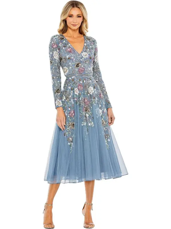 Mac Duggal Floral Hand-embellished V-neck Long-sleeve Dress - Slate Blue Multi