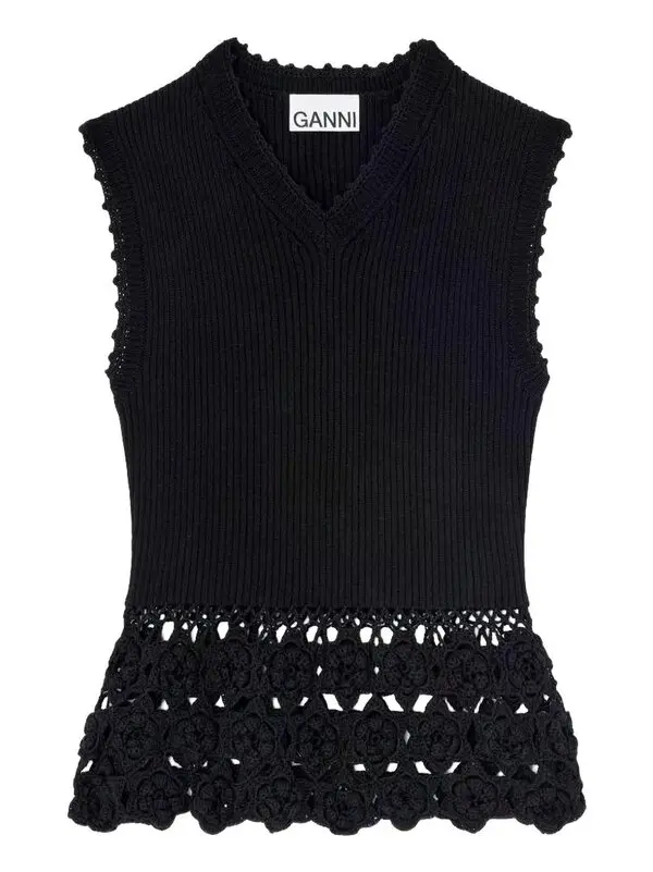 GANNI Crochet V-neck Top - Black