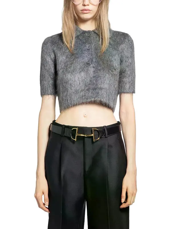 Gucci Brushed Mohair Cropped Polo Top - Grey