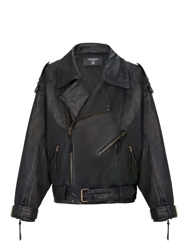 Balmain Asymmetrical Zip Leather Jacket - Black