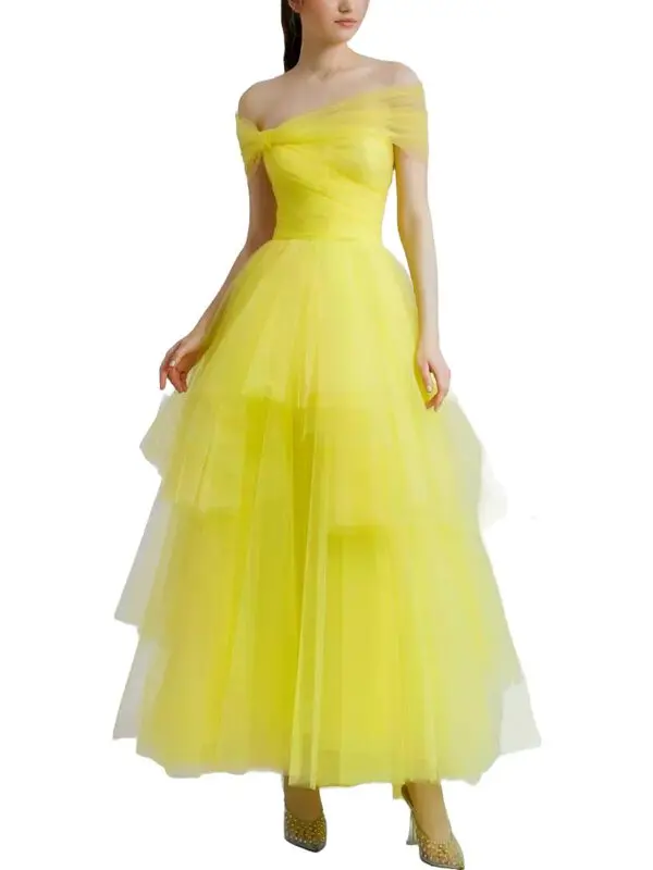 GEMY MAALOUF Asymmetrical Tulle Maxi Dress - Yellow