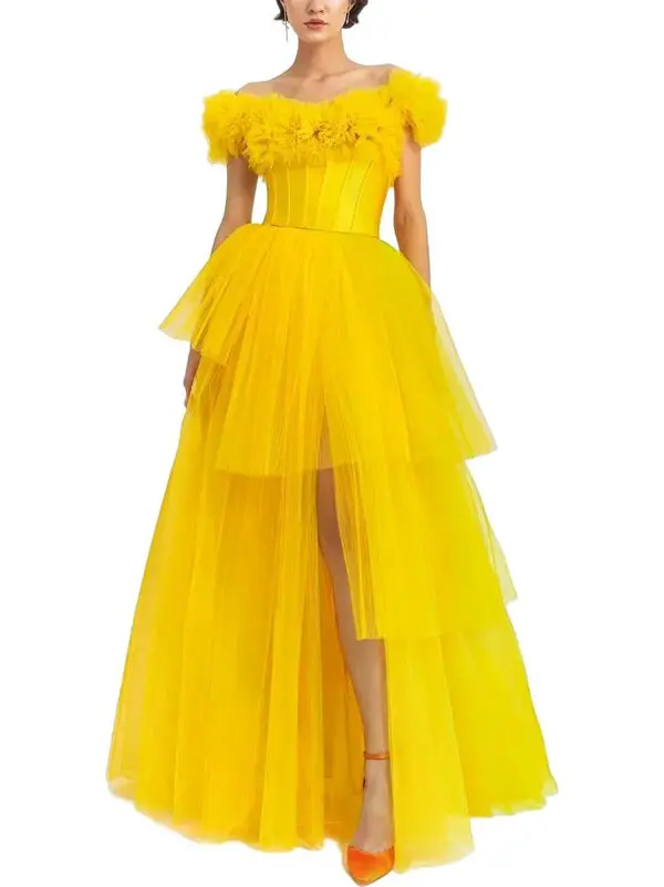 GEMY MAALOUF Pleated Layered Maxi Dress - Yellow