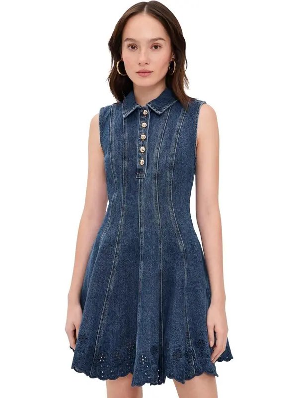SELF-PORTRAIT Denim Broderie Mini Dress - Blue