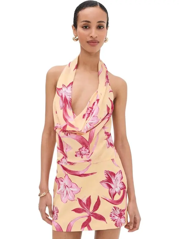 Rococo Sand Floral Cowl Neck Mini Dress - Yellow