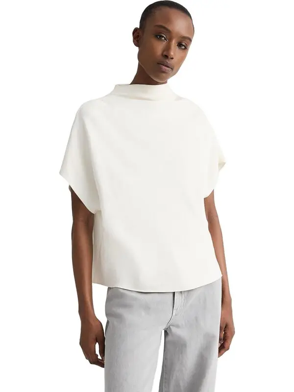 TWP Mock Neck Tee In Coated Viscose Linen - Bone