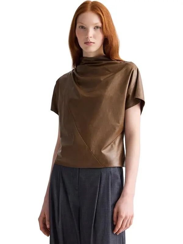 TWP Paper Leather Mock Neck Tee - Tobacco