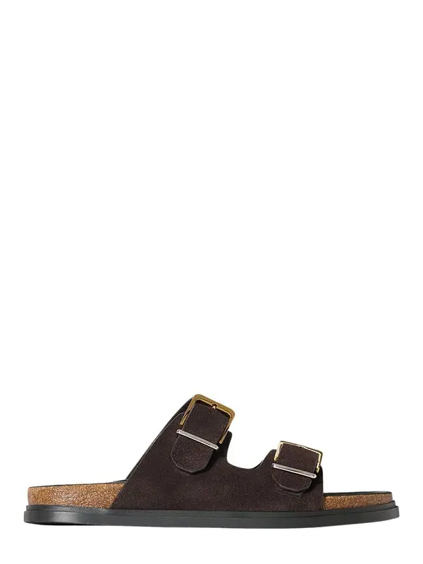 THE ROW Buckle Suede Slides - Coffee