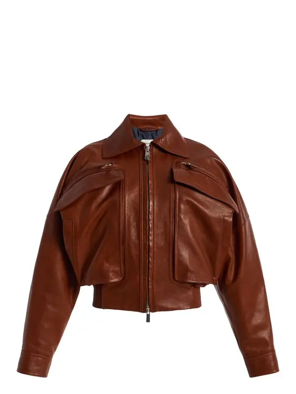 Versace Cropped Leather Jacket With Logo-embellished Hardware - Brown