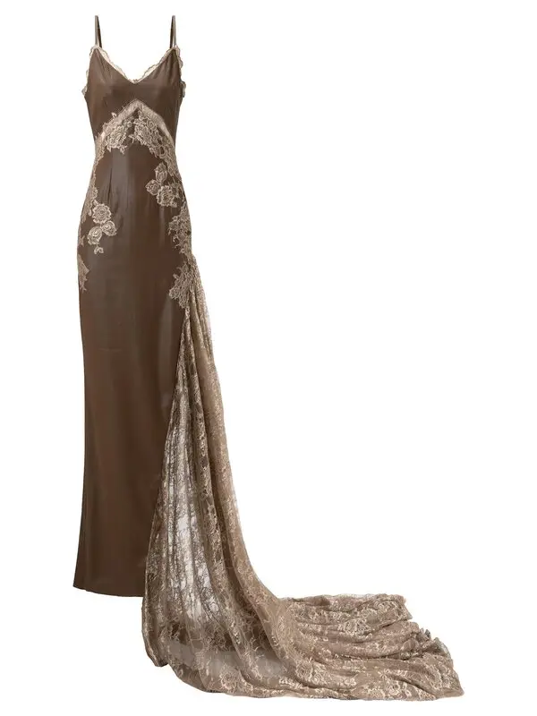 LA FUORI Slip Maxi Gown With Lace Train - Brown