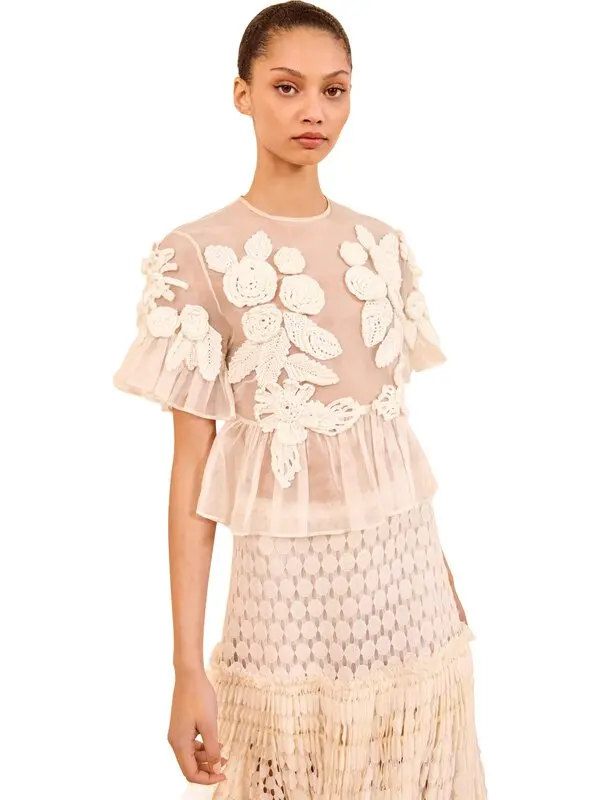 Ulla Johnson Aliya Organza Blouse With Hand Crochet - Pearled Ivory