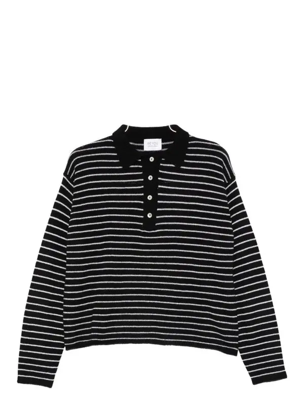 BEYOU Cashmere Striped Polo Shirt - Black