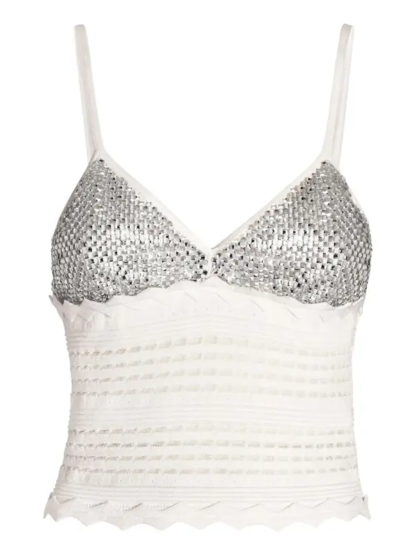 GENNY Knitted Top With Rhinestone Mesh - White
