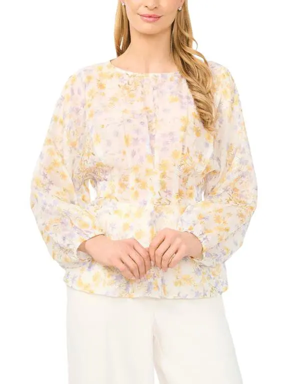 Halogen Ditsy Daisy Print Pleat Waist Top - Egret