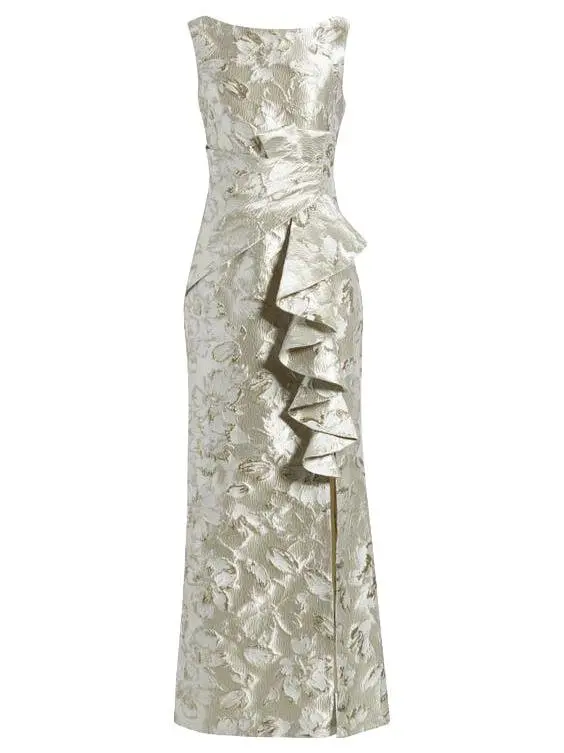 Eliza J Metallic Floral Jacquard Ruffle Gown - Champagne