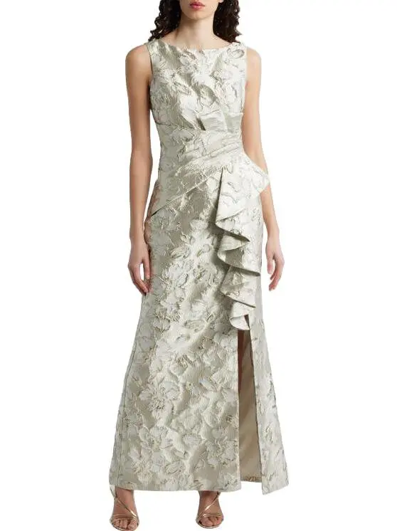Eliza J Metallic Floral Jacquard Ruffle Gown - Champagne
