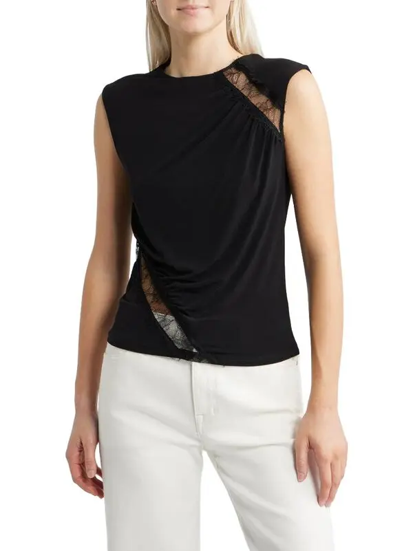Mango Lace Panel Ruched Top - Black