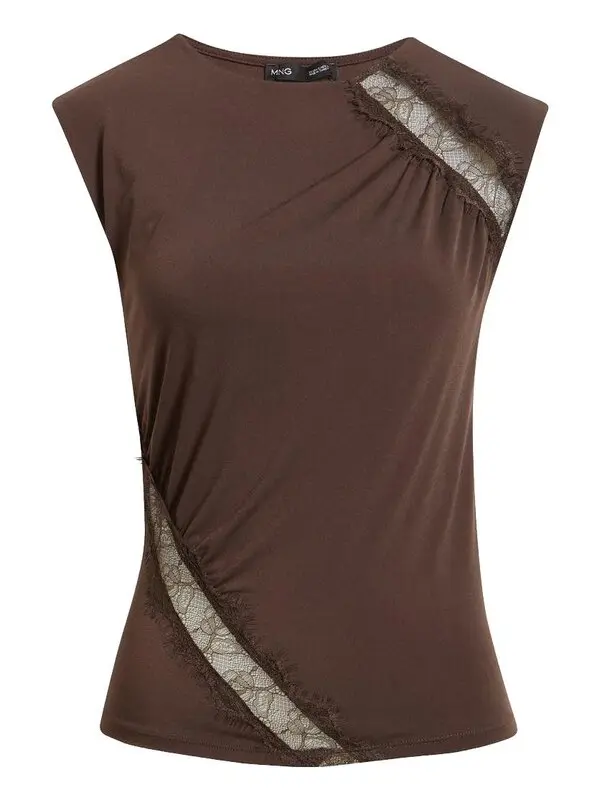 Mango Cindy Lace Panel Ruched Top - Brown