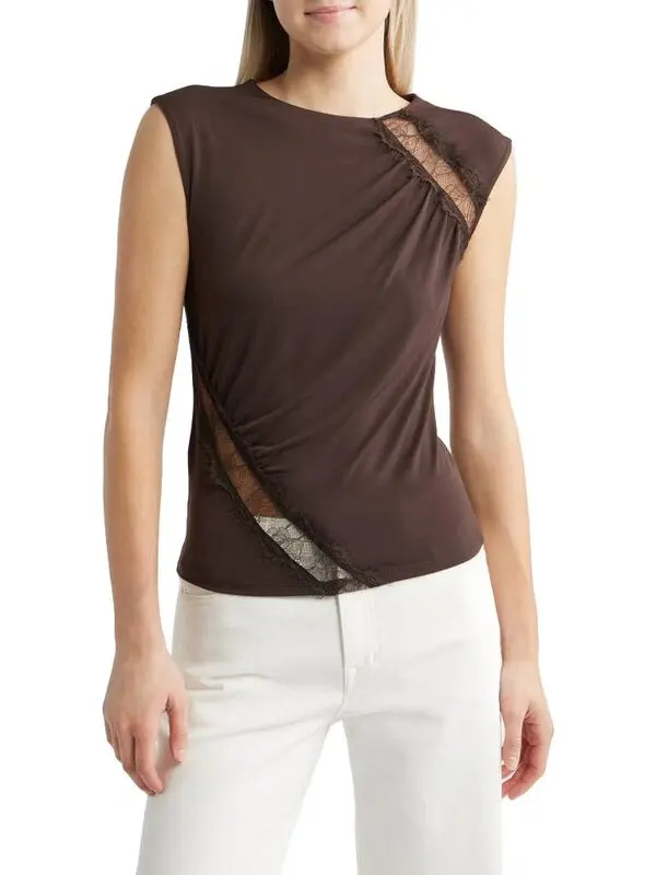 Mango Lace Panel Ruched Top - Brown